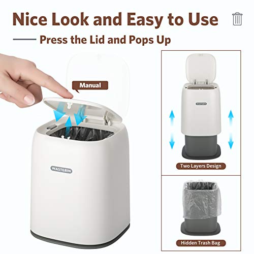 XCX Mini Countertop Trash Can with 3 Rolls of Trash Bags, Waste Can with Press Type Lid, 1.5 L / 0.40 Gal Wastebasket Trash Can Dispenser, Mini Bin for Coffee Table, Bathroom Vanity Top (White)