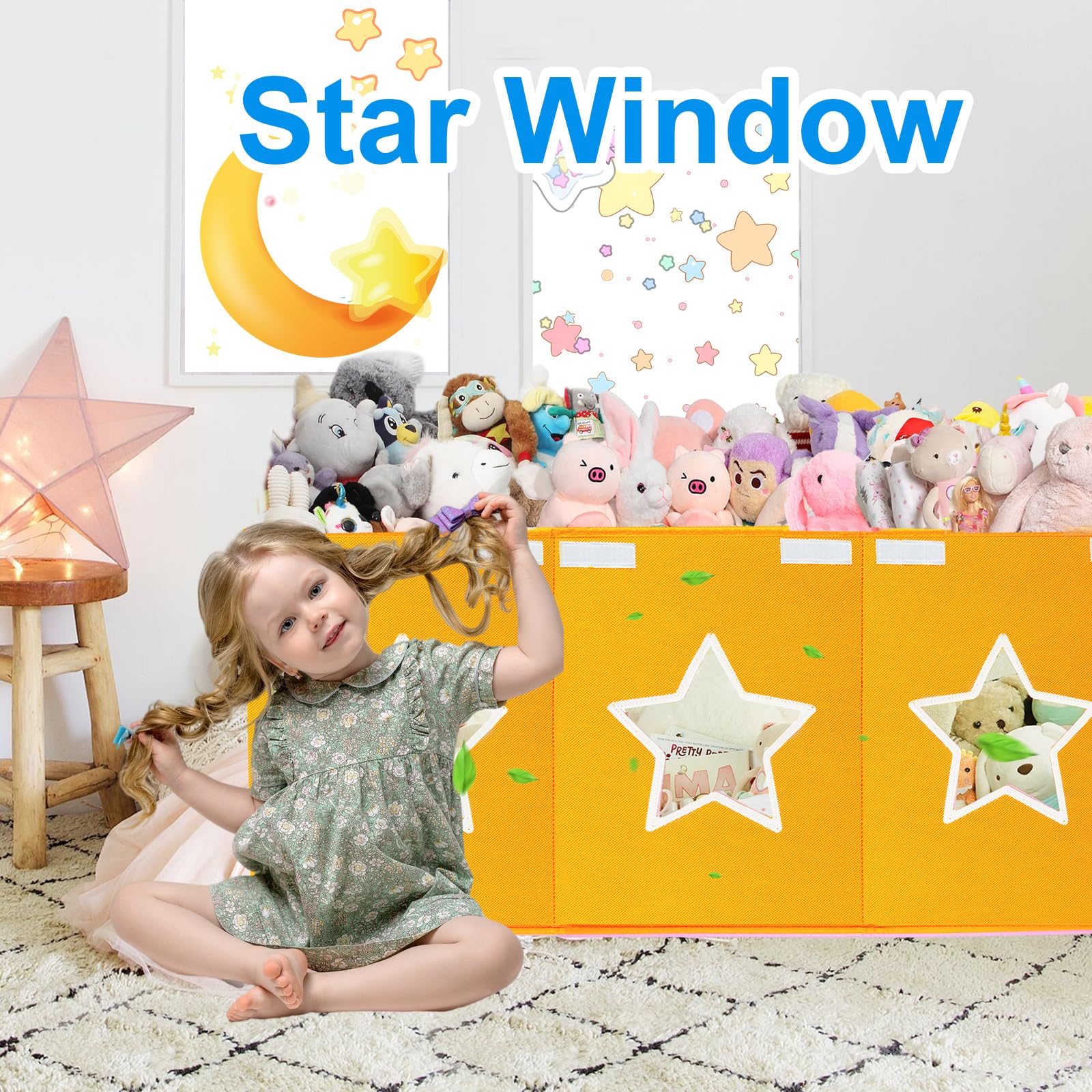 Extra Large Toy Box Chest, Toy Storage Organizer Bins with Transparent Windows, Foldable Storage Box for Kids,Boys,Girls,Toddler,Nursery Room,Playroom(Orange Srar)