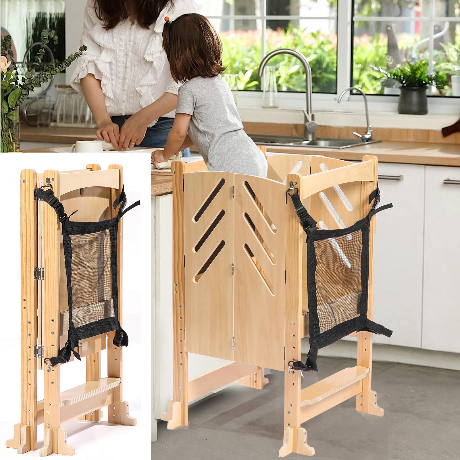 Foldable Toddler Kitchen Step Stool with 5-Level Height Adjustment,with Keeper and Graffiti Drawing Board .Wooden Toddler Tower for Toddlers Over 18 Months Old .(Natural)