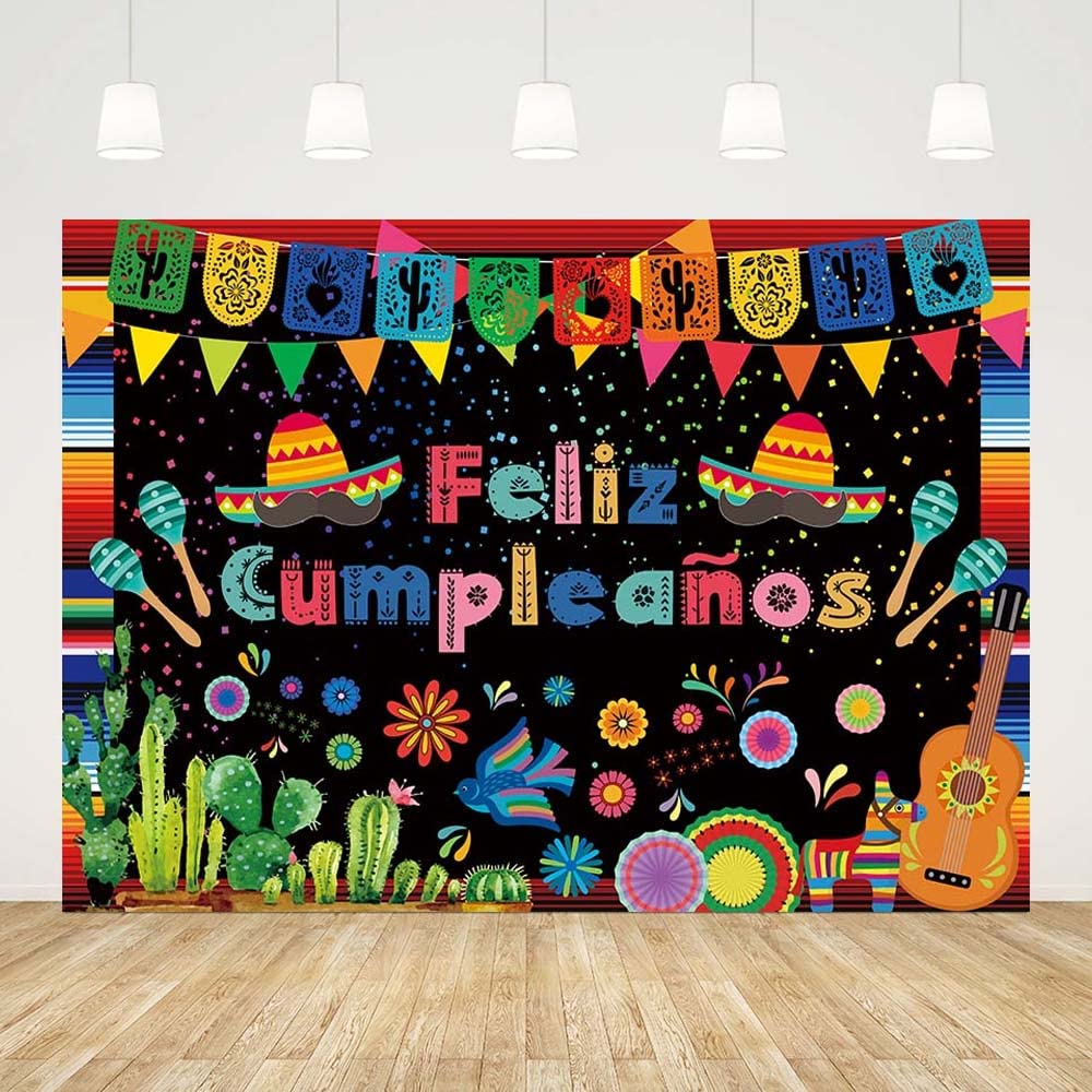 AIBIIN 7x5ft Feliz Cumpleaños Backdrop Mexican Fiesta Happy Birthday Party Decorations Cinco De Mayo Festival Birthday Banner Photo Studio Props