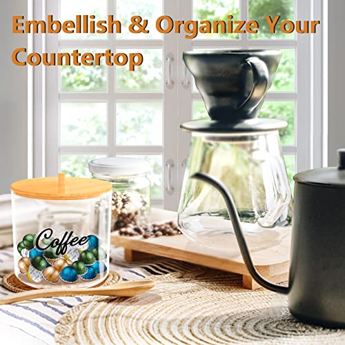 Coffee Pod Holder with Bamboo Lid, Clear K Cup Holder Kcup Vertuo Organizer 80-Ounce, Coffee Filter Holder, Keurig Pods Holder for Counter,Coffee Creamer Container Compatible with Nespresso Capsule