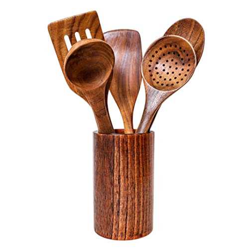 5 Piece Teak Wooden Cooking Spoons Set and Wooden Holder for Storage, Includes Spatulas, Ladle, Strainer, and Mixing Spoon