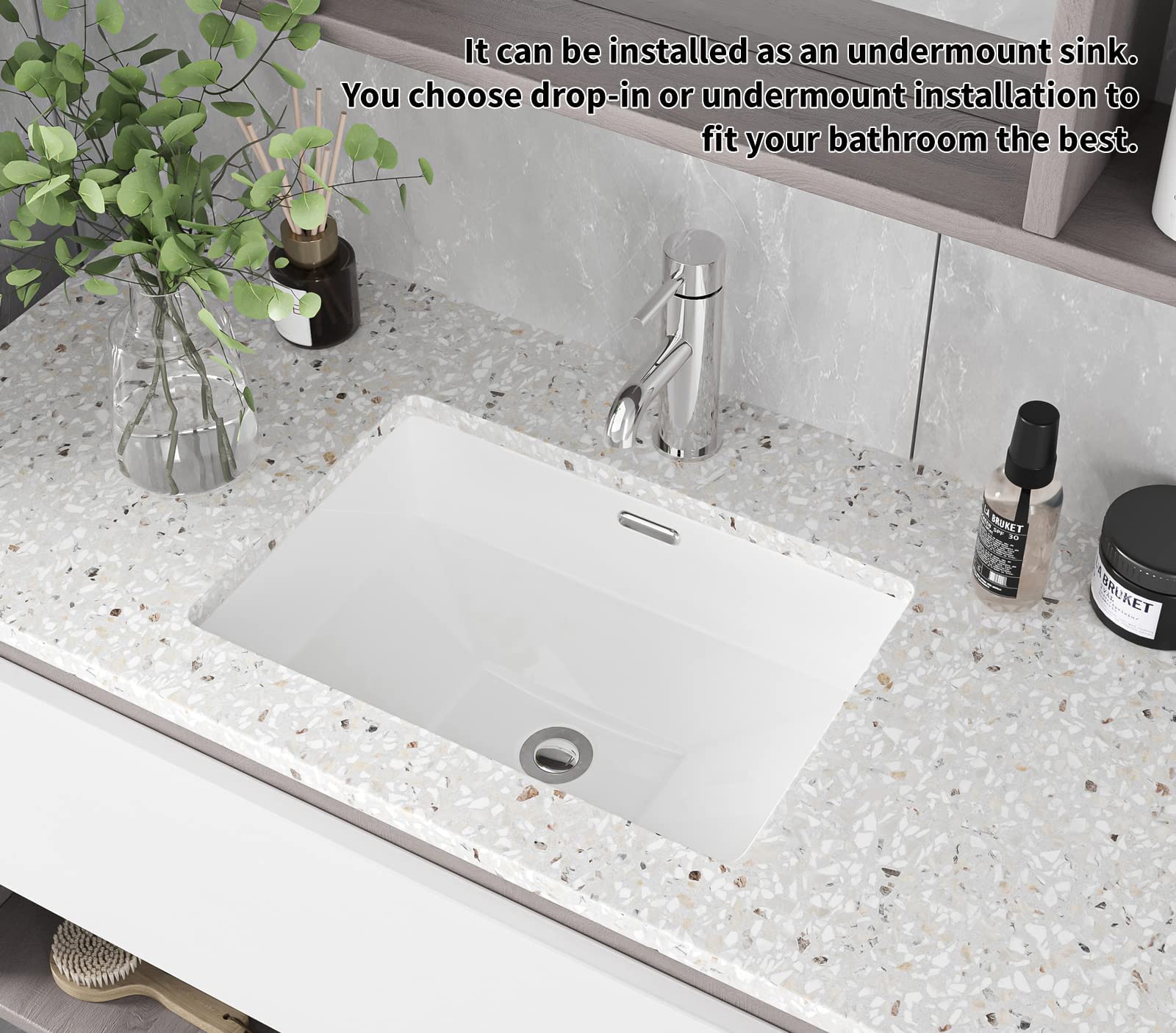 AMASHEN 20.5" x 14.4" Self-rimming Bathroom Sink Undermount or Drop-in Ceramic Vanity Basin with Overflow