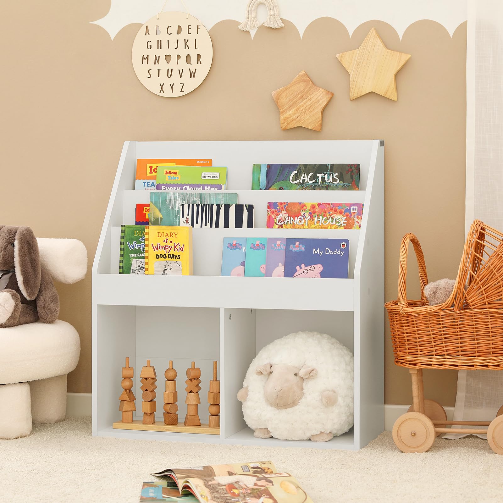 SoBuy Kids Book Shelf 3 Titers Children Bookcase, Toy Shelf Storage Display Shelf Rack Organizer Holder Playroom Nursery Classroom Library, White, KMB39-W