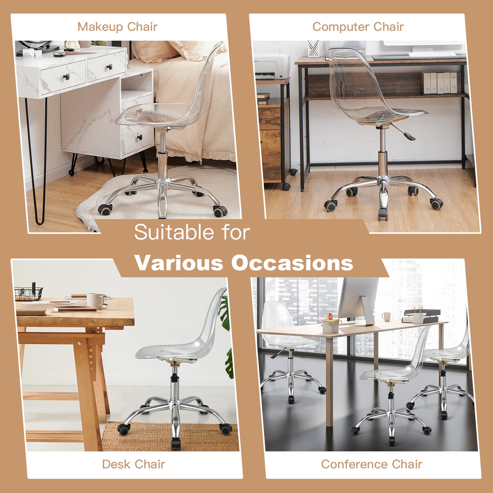 Giantex Acrylic Desk Chair, Clear Armless Office Rolling Chair, Height Adjustable Leisure Ghost Chair w/Chromed Base, Modern Cute Vanity Chair, Swivel Computer Chair for Home Office