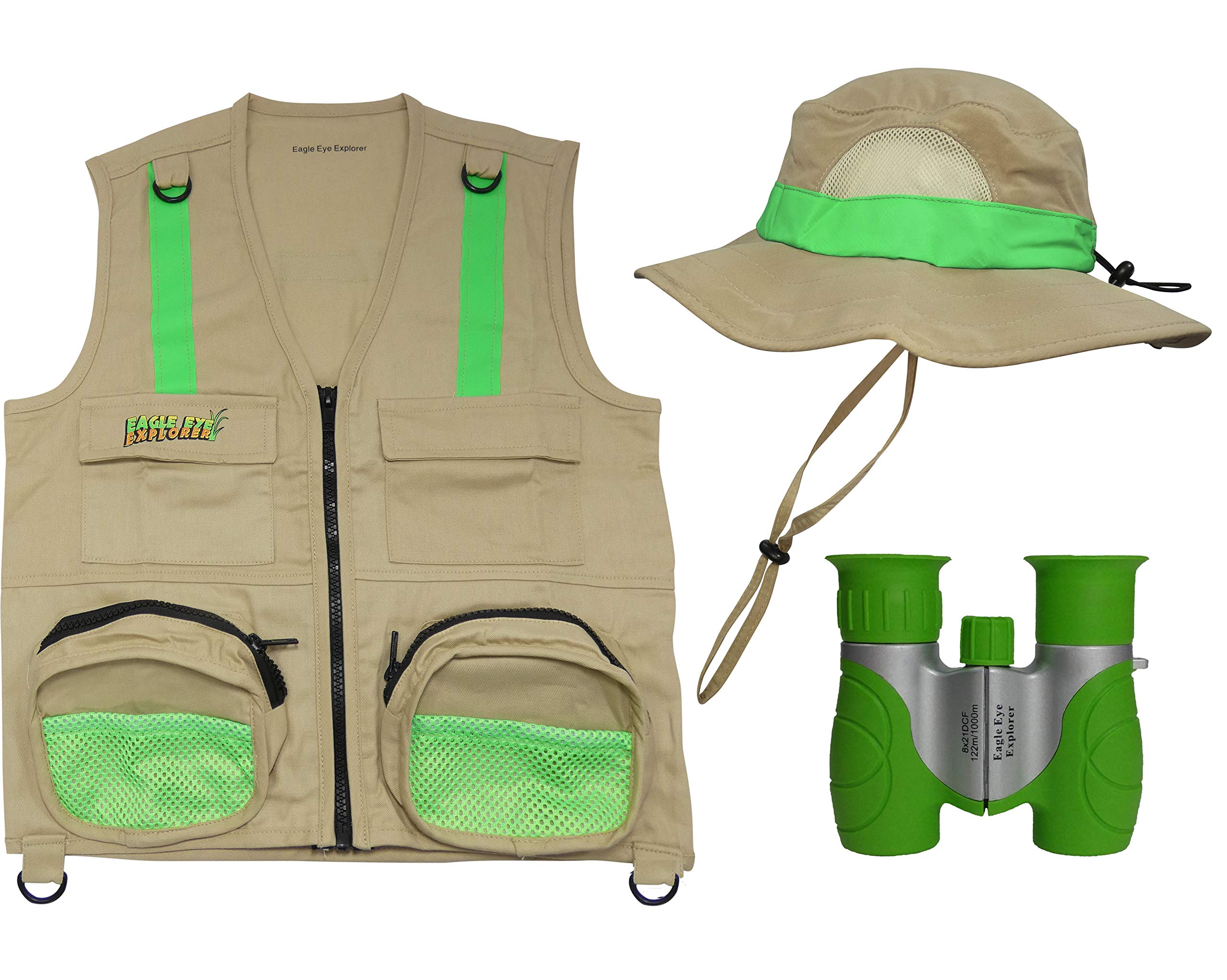 Eagle Eye Explorer Multi-Piece Set Cargo Vest with Reflective Safety Straps, 1 8x21 Magnification Binoculars and Safari Hat for Boys and Girls (Small/Medium, Tan and Green)
