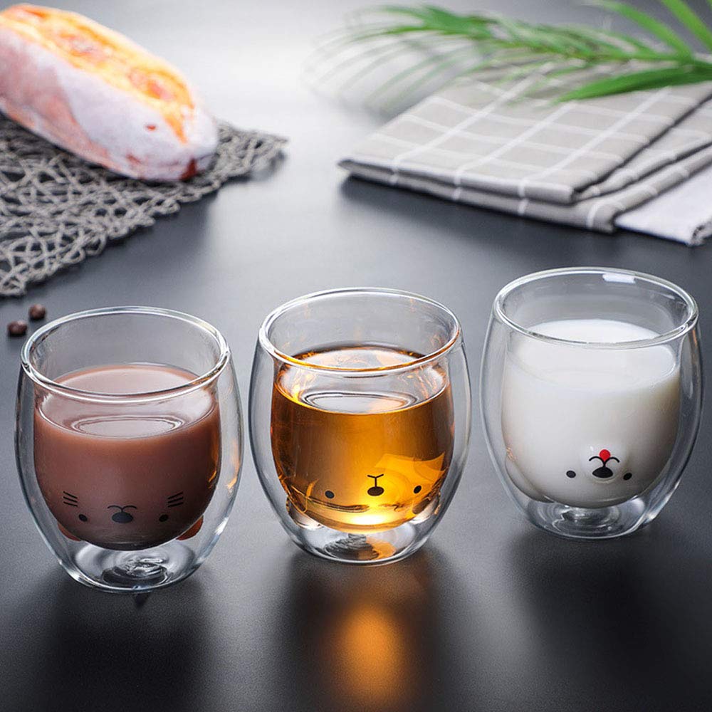 æ— 4 Pack Cute Animals Mugs, Double Wall Insulated Glass Espresso Cup, Tea Cup Milk Cup Coffee Couple Glass Mugs Funny Valentines Day Creative Romantic Birthday Gifts