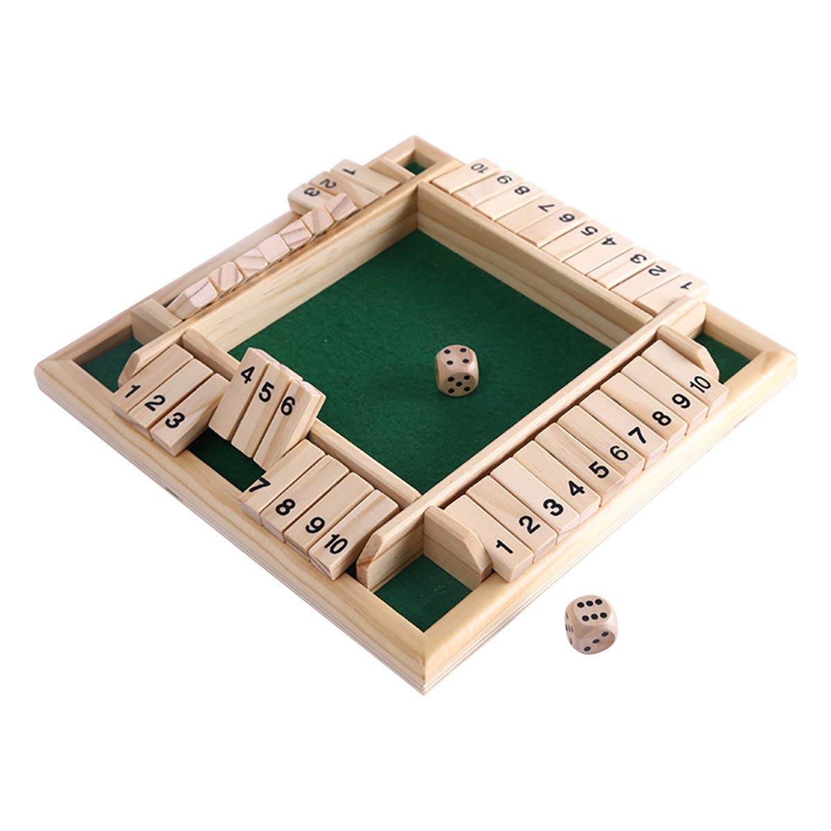 bouti1583 Shut The Box Dice Game,Classic 4 Sided Wooden Board Game Flip 10 Numbers Classic Tabletop Games for 2-4 Player(Green,8.8inch)