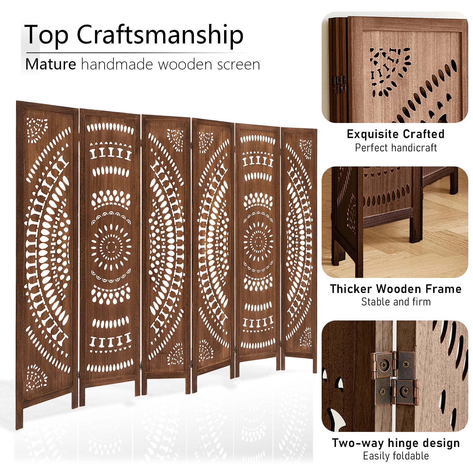 BMWEI Wooden Room Divider Wall, 5.6 FT Wall Divider Room, 6 Panel Room Divider Screen, Portable Room Divider, Carved Room Divider Panel, Folding Room Divider, for Home Bedroom Office (Natural)