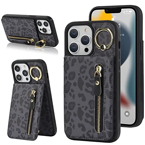 DEYHU iPhone 13 pro Case with Card Holder for Women, iPhone 13 pro Phone Case Wallet with Credit Card with Ring Kickstand Zipper Shockproof Slim Stand Case for iPhone13pro - Black Leopard