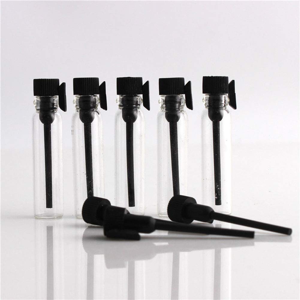 Teensery 100 Pcs Empty Perfume Sample Bottles Mini Glass Refillable Sample Vial Containers with Black Cap for Aromatherapy, Essential Oil, Fragrance and Liquid (1ml)