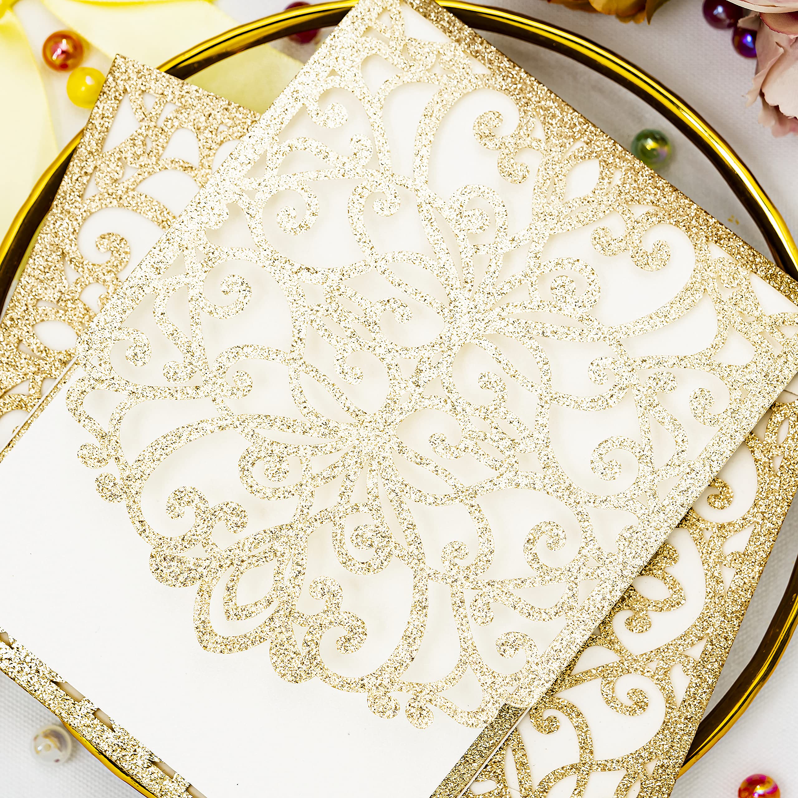 Builcker 20PCS Set Laser Cutting Gold Glitter Invitation Card Greeting Card Graduation Party Wedding Birthday Party Hollow Invitations Flip Invitation Pocket With Envelope (Gold Glitter)