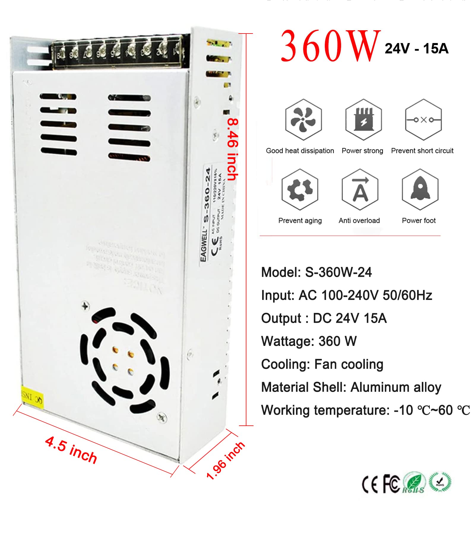 EAGWELL 24V 15A DC Universal Regulated Switching Power Supply 360w for CCTV,Radio,Computer Project, 3D Printer,LED Driver