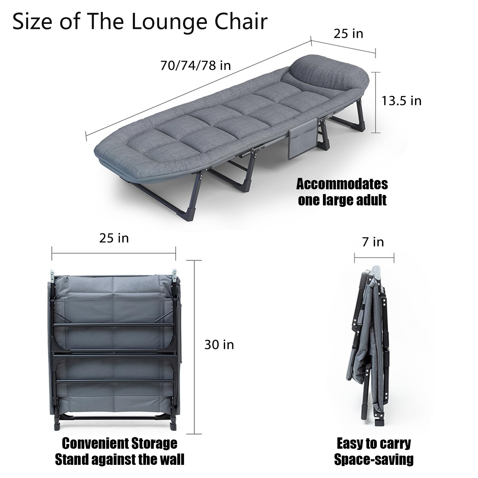 6 Adjustable Positions Lounge Chair Outdoor, Portable & Foldable Chaise Indoor, Folding Cot Bed for Sleeping, Camping, Pool, Patio, Beach (Oversized XL-74 in)