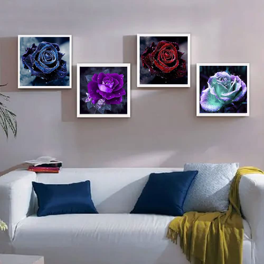 4 Pack Diamond Painting Kits for Adults 5D Rose Flower Diamond Art Kit for Beginners, DIY Paint with Round Full Drill Diamonds Paintings Gem Art for Christmas Home Wall Decoration Gift 11.8x11.8in