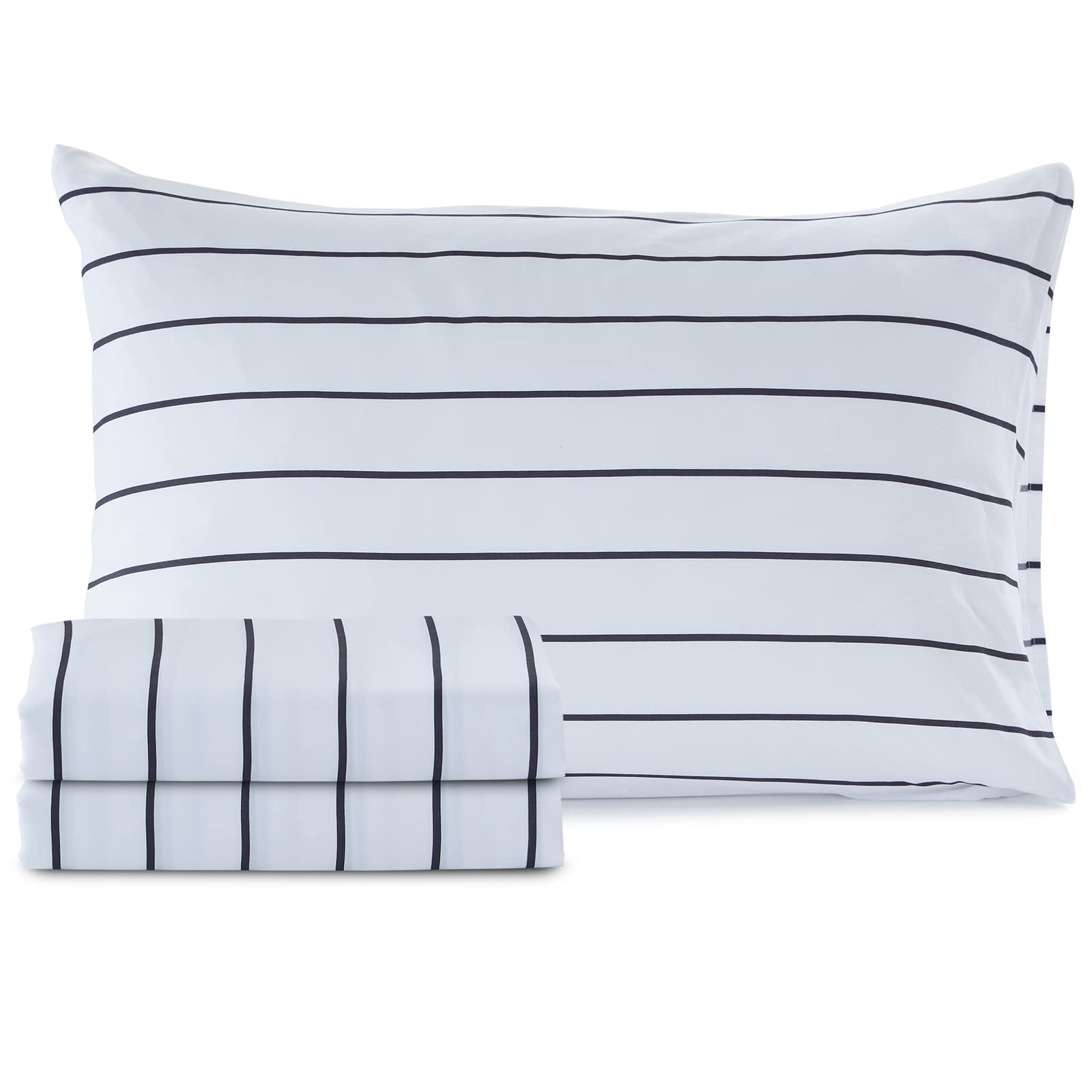 Homiest 3pcs White and Black Sheets Twin Size Bed Set Microfiber Sheet Set, Horizontal Stripe Bed Sheets Cute Soft Bedding Set, Deep Pocket Twin Sheets Stripe Printed Sheets for Kids Teen Boys Adults