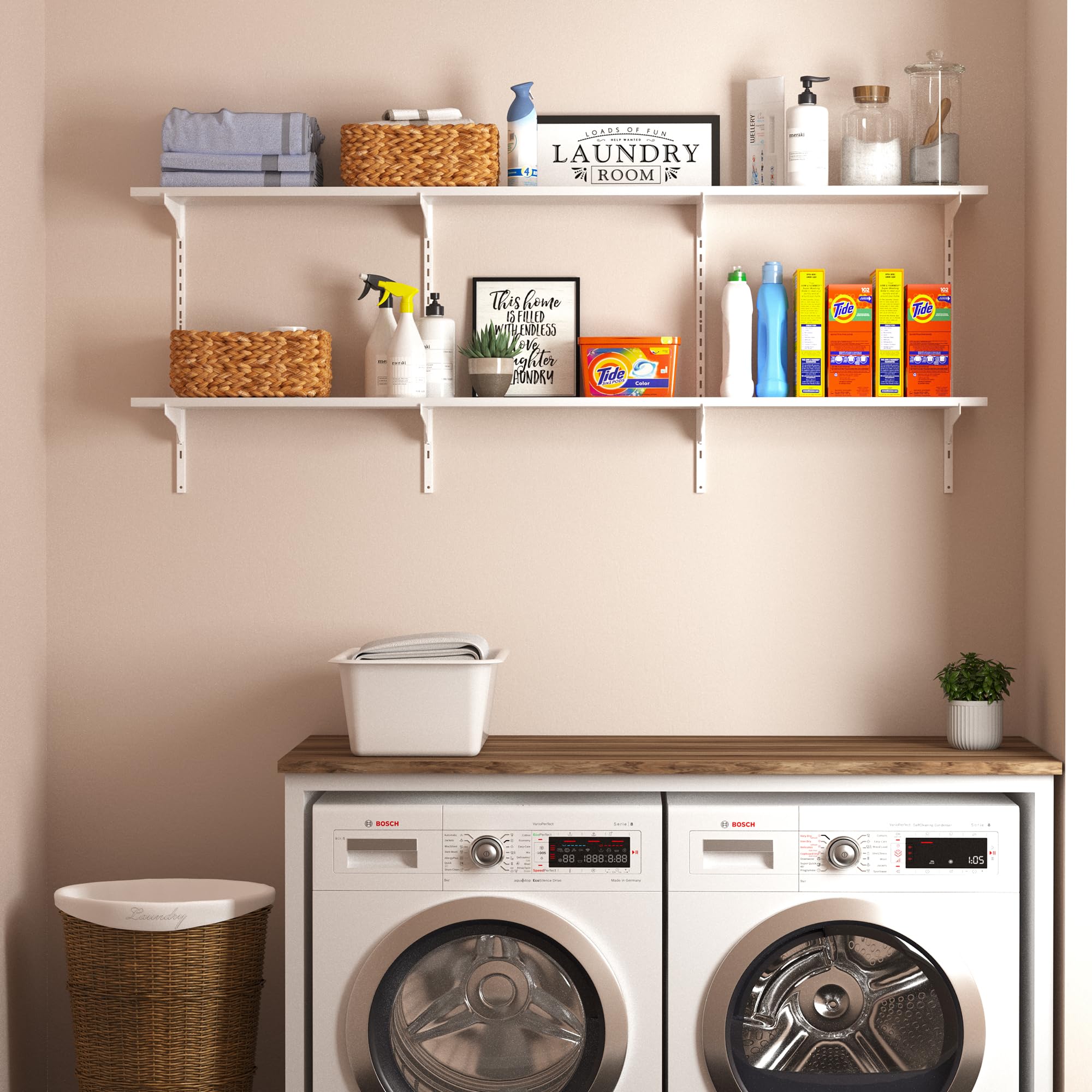 Wallniture Turin 60 inch x8 in Floating Shelves for Wall Decor, Floating Shelf System, Wall Book Shelf for Living Room, Wall Shelves with Adjustable Standard Rail Bracket System, White, Wood
