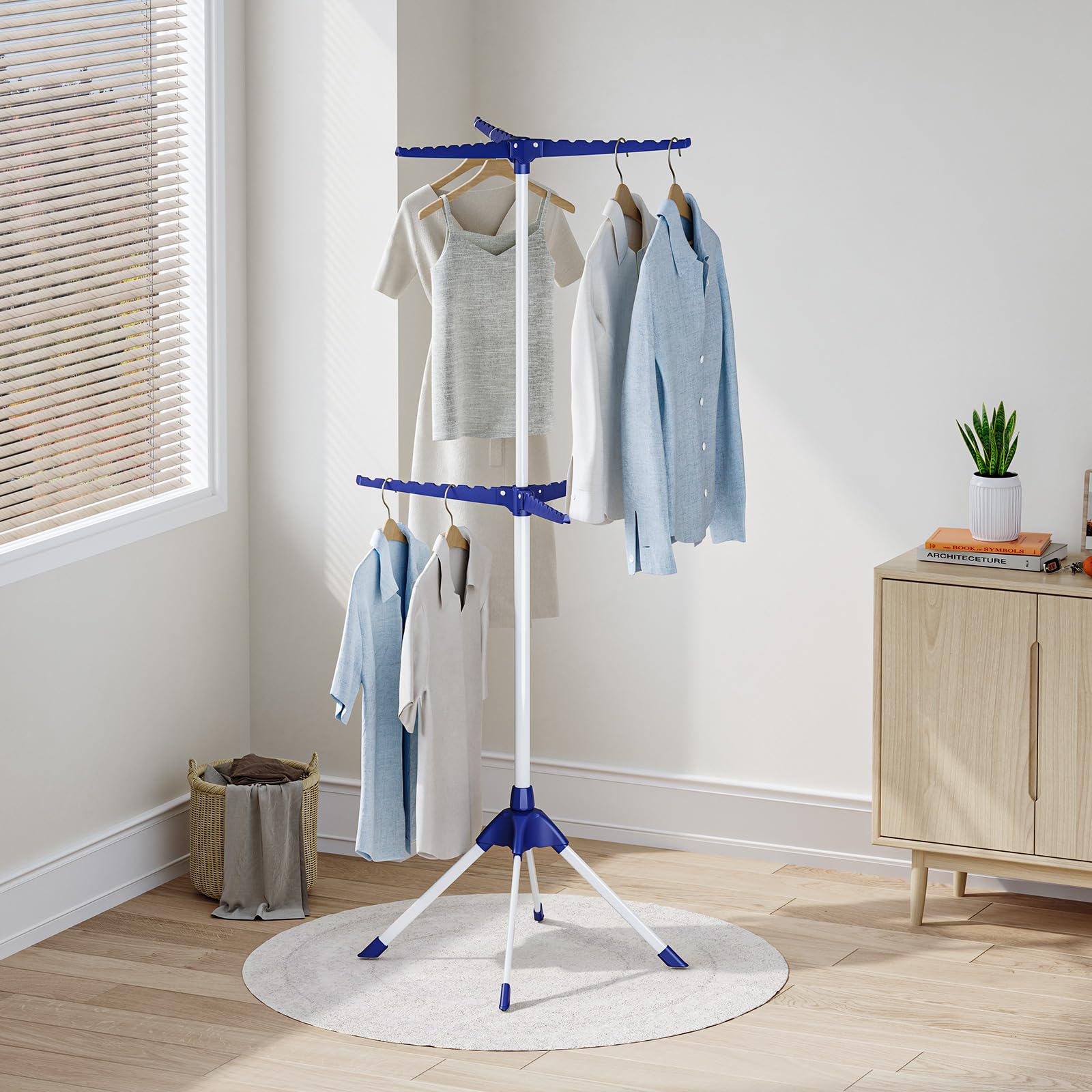 APEXCHASER Clothes Drying Rack, 2-Tier Collapsible Four-Legged Clothing Rack, 6 Arms for Hangers, Portable Garment Rack, Foldable Laundry Drying Rack, Blue