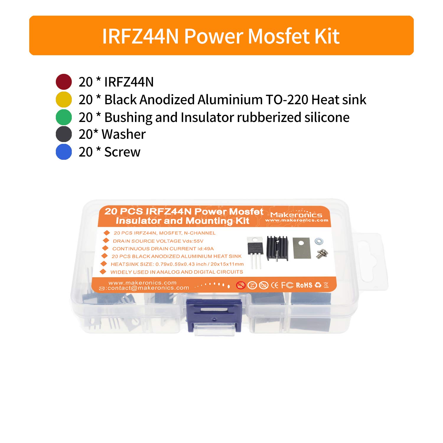 Makeronics 20 pcs IRFZ44N Insulator and Mounting kit with TO-220 Heatsink,Insulator rubberized silicone Washer and Bushing | N-Channel MOSFET Transistor | International Rectifier Power 49 A 55 V,3-Pin