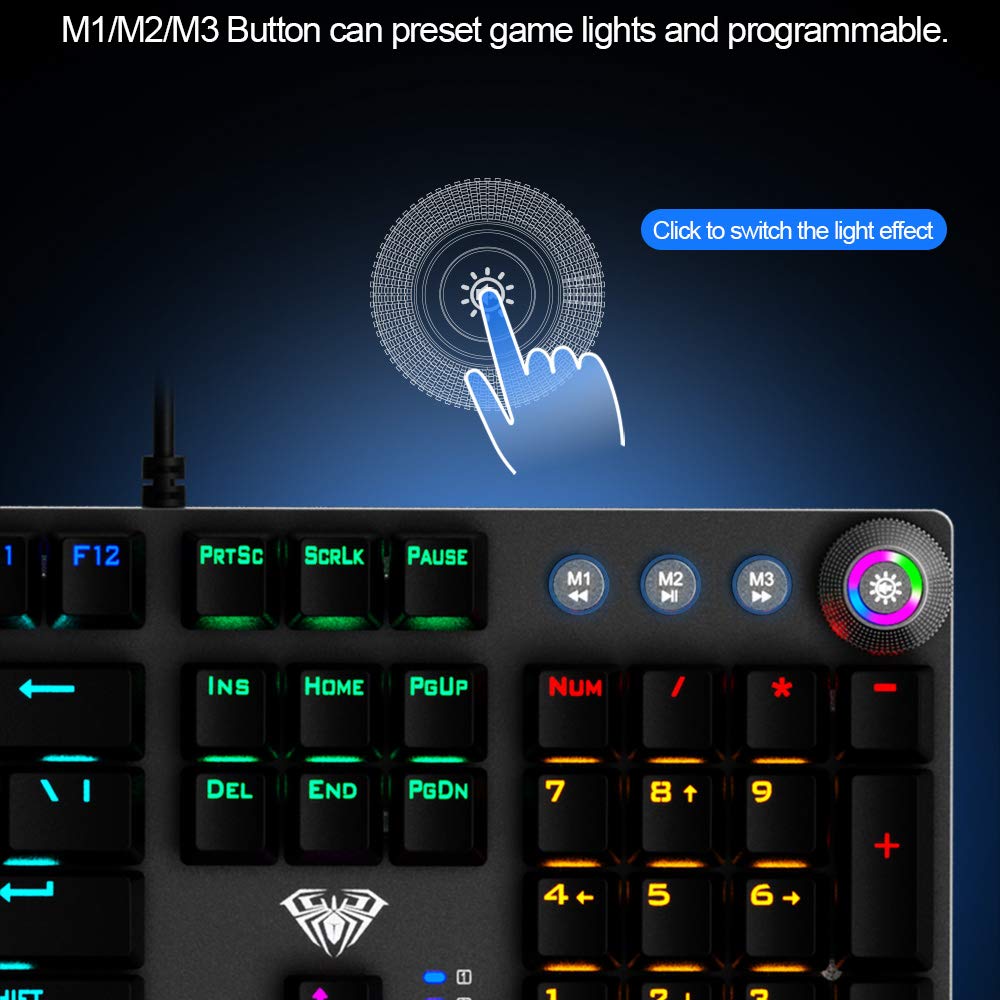 AULA F2088 Mechanical Gaming Keyboard, with Ergonomic Wrist Rest, Multimedia Control Knob, 22 Backlight Modes, Full Size USB Wired Computer Keyboards for Mac Laptop, Desktop (Black Switch)