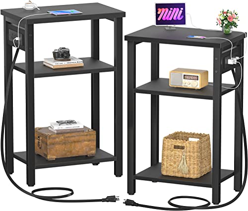 Aheaplus 3 Tier Slim End/ Side Table Set of 2 with Charging Station, Storage Shelf, Narrow Bedside Nightstand with USB Ports & Outlets for Sofa, Bedroom, Living Room, Black