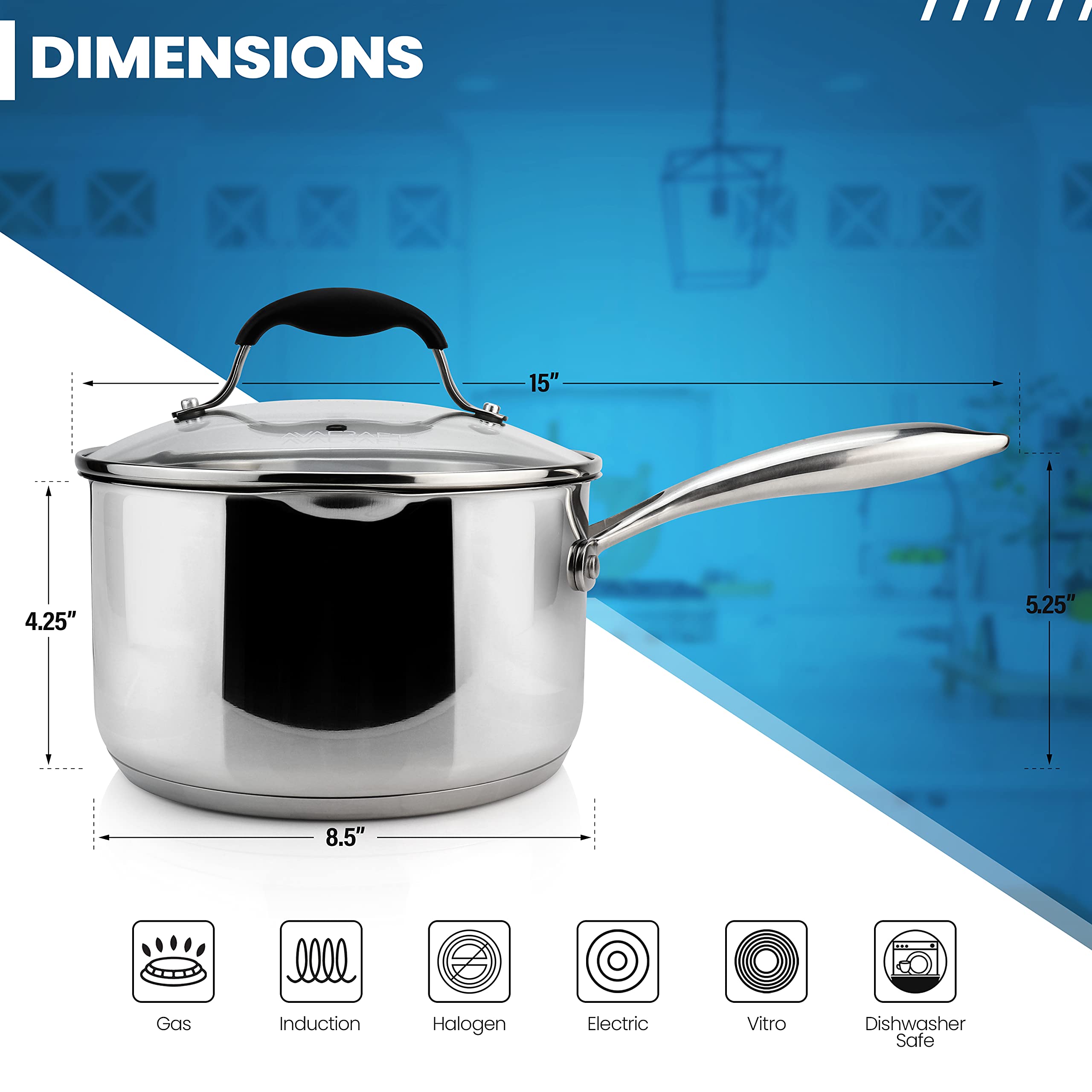 AVACRAFT Stainless Steel Saucepan with Glass Lid, Strainer Lid, Two Side Spouts for Easy Pour with Ergonomic Handle, Multipurpose Sauce Pan with Lid, Sauce Pot (Tri-Ply Capsule Bottom, 3.5 Quart)