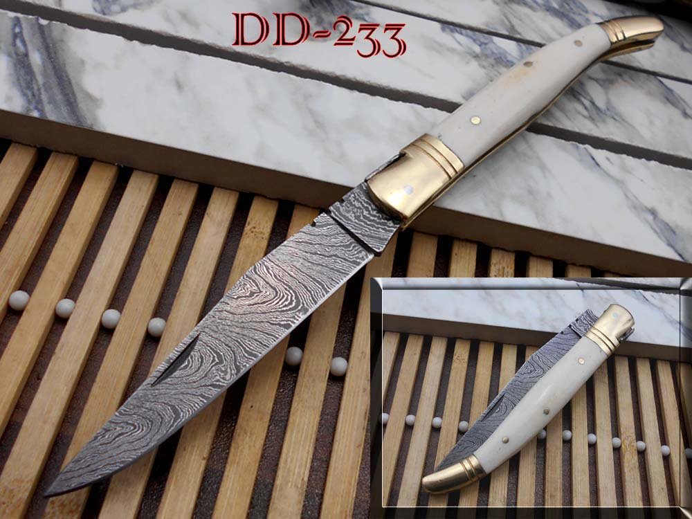 5 Pieces Laguiole Folding Damascus Steel Knife, Red, Blue, White, Black & Brown 5 Scale Colors with Brass Bolster. Cow Hide Leather Sheath Included
