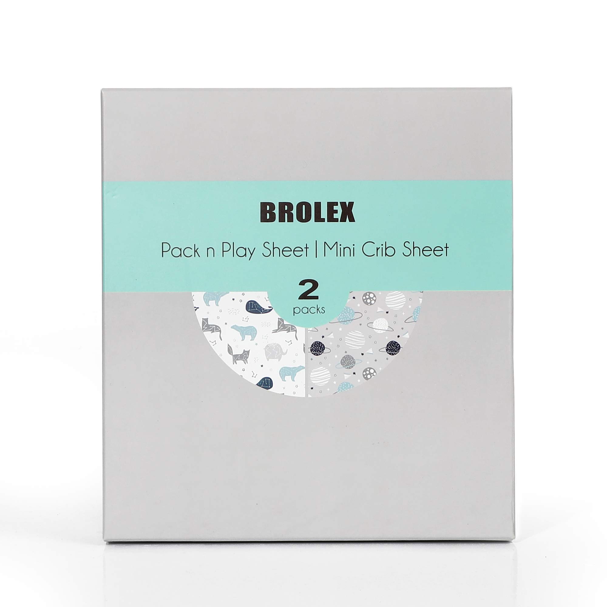 Pack n Play Sheets, BROLEX 2 Pack Mini Crib Sheets,Stretchy Portable Fitted Playard Sheet Set, Convertible Playard Mattress Cover,Ultra Soft Breathable Material,Space Planet