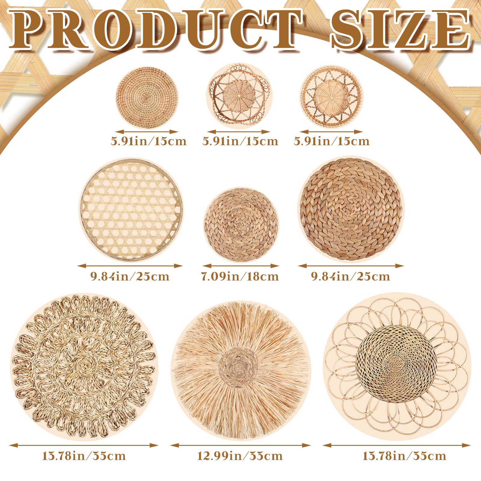 9 Pcs Boho Basket Wall Decals Round Modern Peel and Stick Wall Decals Removable Boho Wall Decal Adhesive Boho Nursery Wall Decor for Bedroom Living Room Office Wall, Just Stickers (Retro Style)