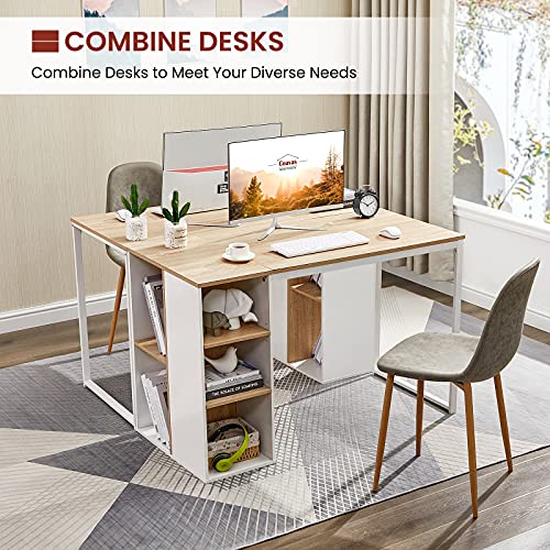 Computer Desk with Storage Shelves 47β White Office Desk with Drawers Small Kids Writing Desk Student Study Table Modern Wood Pc Laptop Gaming Desk for Home Work, Splicing Oak with Metal Legs