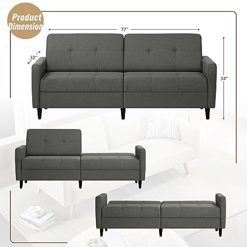 BIVVI 77β Long Linen Fabric Sofa Bed Convertible Loveseat Couch with Adjustable Backrest and Wooden Legs,Sleeper Lounge Couch for Living Room/Dorm/Guest/Home Office/Apartment,Gray