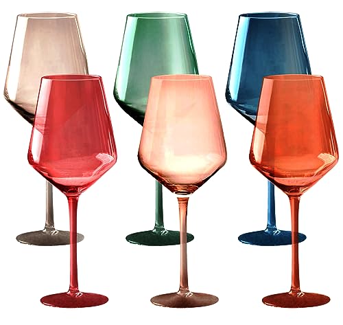 Colored Wine Glasses Set of 6 Crystal, 18oz - Unique Drinking Glass Cups with Stem - Luxury Multi Color Glassware Set - Colorful Glass Drinkware Hand Blown for Red White Wine - Gift for Wife & Mom