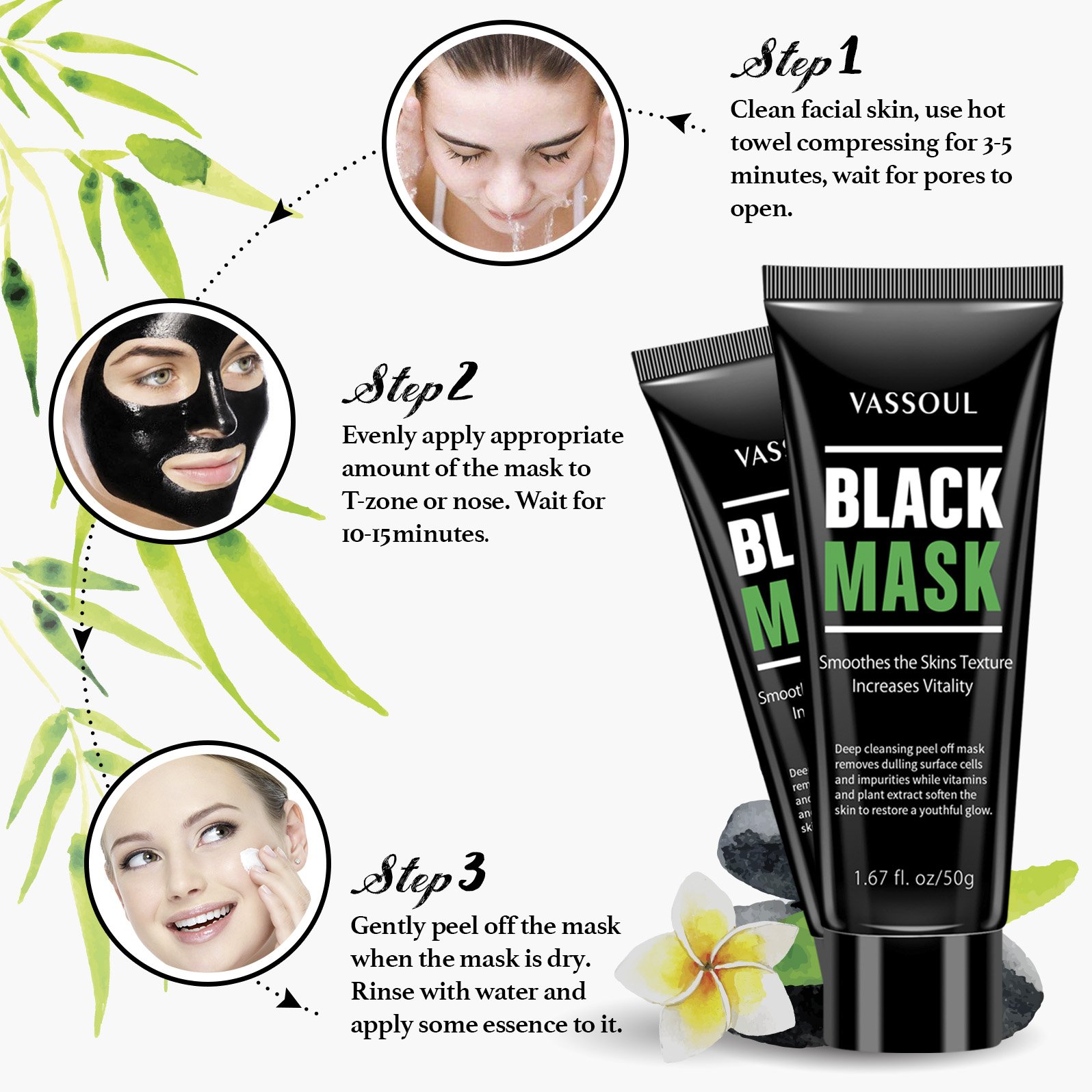 Vassoul Blackhead Remover Mask, Peel Off Blackhead Mask - Deep Cleansing Black Mask, Bamboo Activated Charcoal Peel-Off Mask (V002)