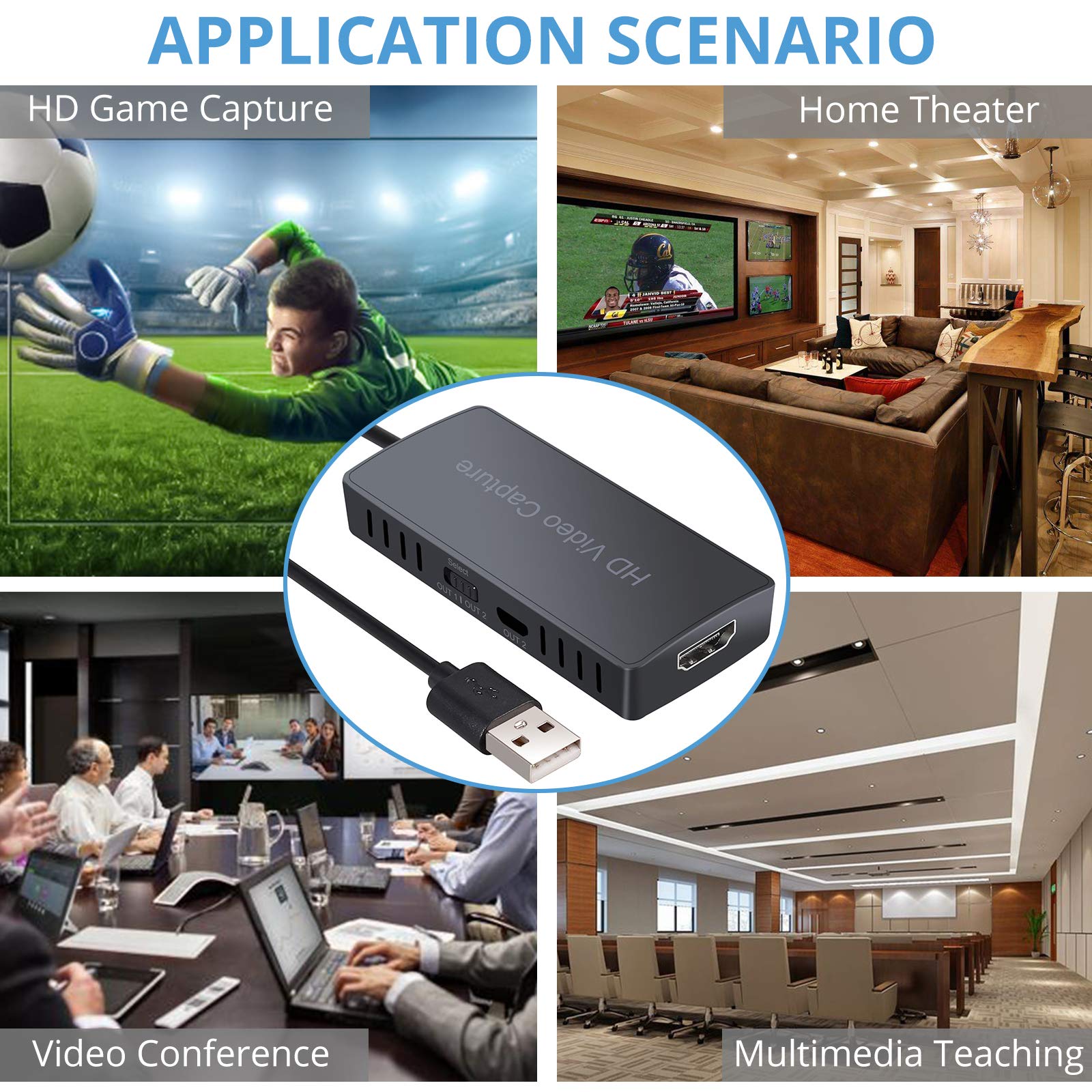 CAMWAY HD Video Capture USB 2.0 HDMI Video Game Capture Card,4k HDMI to USB 2.0 HD Live Capture Game Video Recording Box Support 2Output Capture for Windows Linux Mac OS YouTube OBS Twitch
