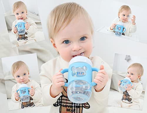 Baby Bottle Handles, Durable Food Grade Silicone Transitional Sippy Cup Handle Grip for Wide-Neck Baby Bottles, Cute Bear Design, Pack of 2, Blue & Turquoise