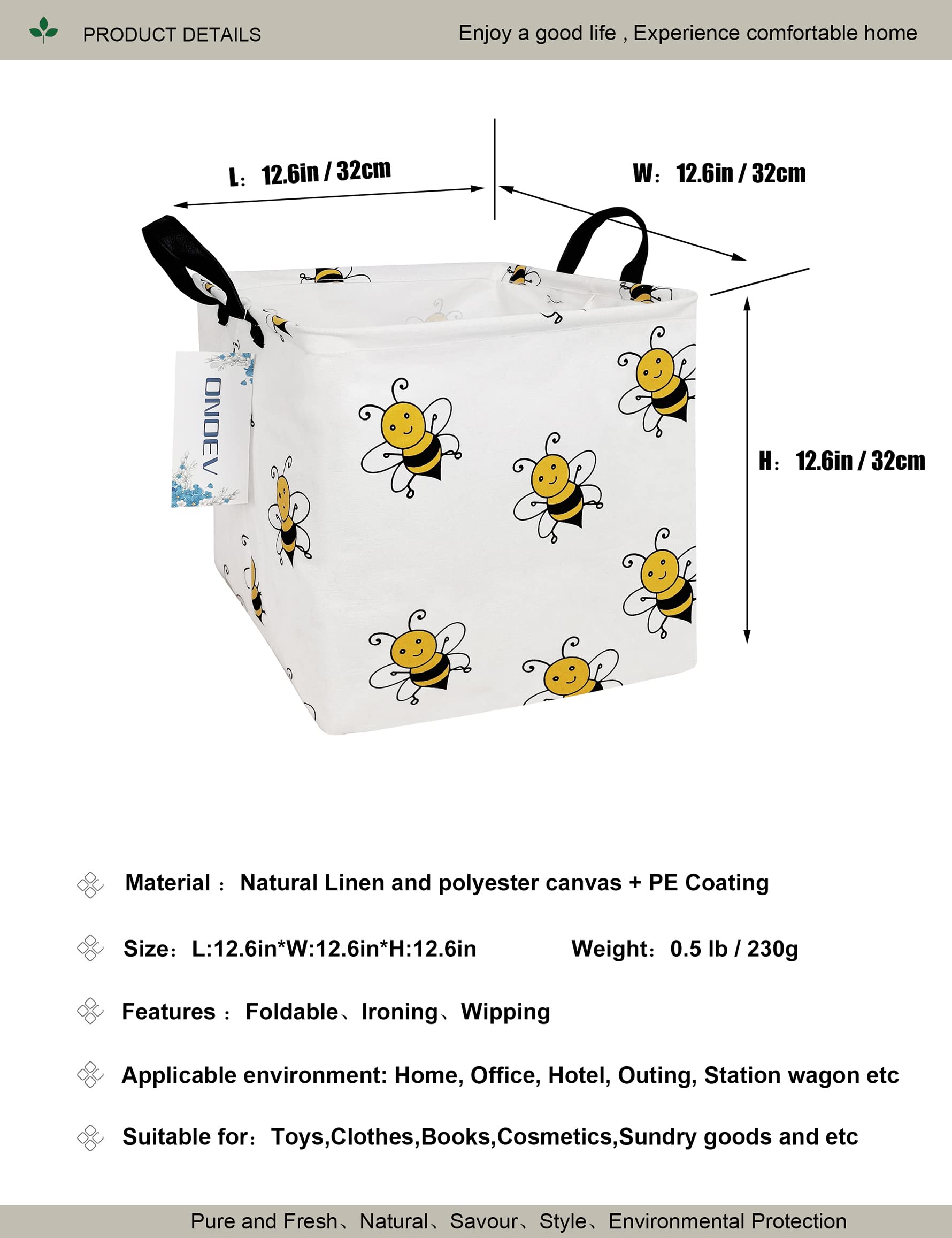 ONOEV Square Folding Laundry Basket, Canvas Basket,Nersury Hamper,Suitable for Children,Office,Bedroom,Clothes,Toys Storage(Bee