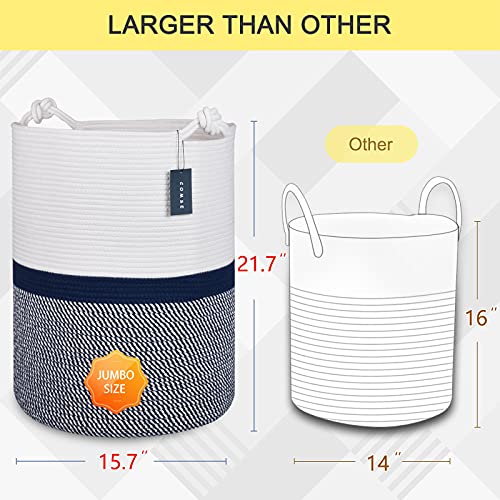 COMSE Extra Large Blanket Basket, Tall Storage Basket, 15.7βx 21.7β, Tall Rope Laundry Basket, Cotton Rope Basket, XXXL Laundry Basket, Toy Basket, Woven Basket, Clothes Baskets, Blend White/Navy Blue