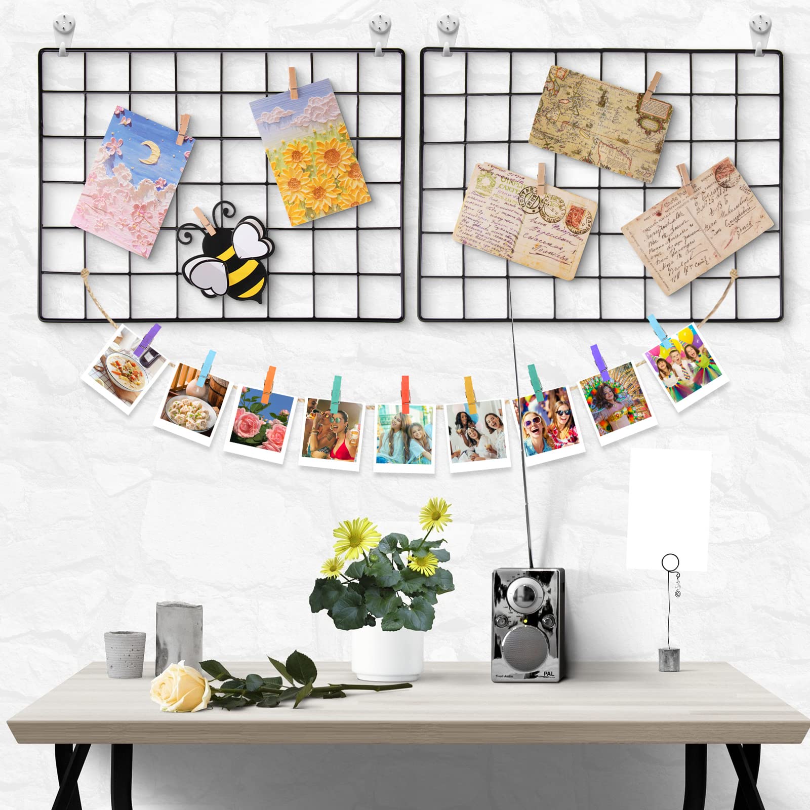 6 Pack 16 x 12 Inch Black Wall Grid Wire Panel with Accessories 1 Black Hanging Wire Basket, 1 Shelf, 1 Hook Rack, 2 Letter Sorter Shelf, 20 Clips, 12 Non Trace Nail, 2 Hemp Rope, Photo Home Decor