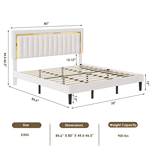 HITHOS King Size Bed Frame with Adjustable Tufted Headboard, Velvet Upholstered Platform Bed Frame with Gold Trim, Heavy Duty Mattress Foundation with Steel Frame, Easy-Assembly Slats (Beige, King)