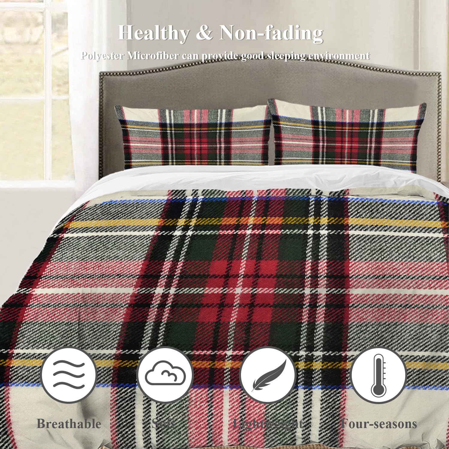 Shrahala Scottish Tartan Duvet Cover Set Queen Size, Green Wool Plaid Symmetric Square Fashion 3 Pieces Soft Brushed Duvet Covers with Button Closure (No Comforter)