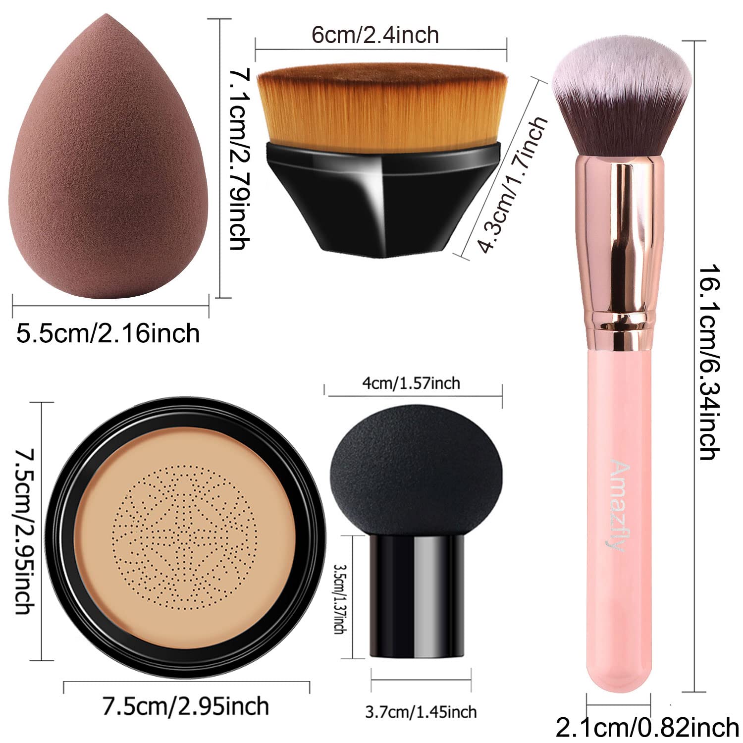 Air Cushion CC Cream Mushroom Head Foundation, 2 PCS Amazfly Moisturizing BB Cream Face Primer Makeup Long Lasting Matte Concealer Bright Makeup Base Long Lasting with Mushroom Makeup Sponge and Powder Brush (Natural+Face Primer)