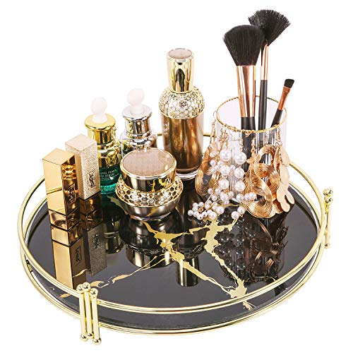 Zosenley Makeup Organizer Tray, Decorative Glass Vanity Tray, Round Cosmetic Storage for Jewelry, Makeup, Perfume, Decor and More, Size 11.5ā, Black Marbling