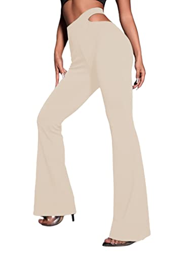Avanova Women's Cutout High Waist Flare Leg Sexy Party Bootcut Long Pants Beige 05 X-Large