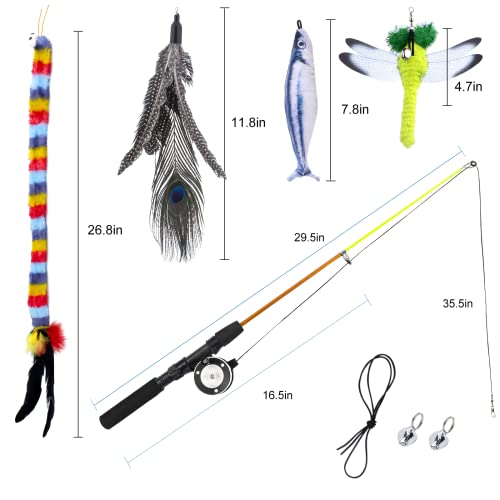 Cat Fishing Pole Toy, 1 Retractable Cat Wand 4 Replacement Attachments with Feathers Fish Dragonfly Caterpillar with Crinkle Paper Interactive Kitten Toys Gifts with Detachable Bells Nylon Rope