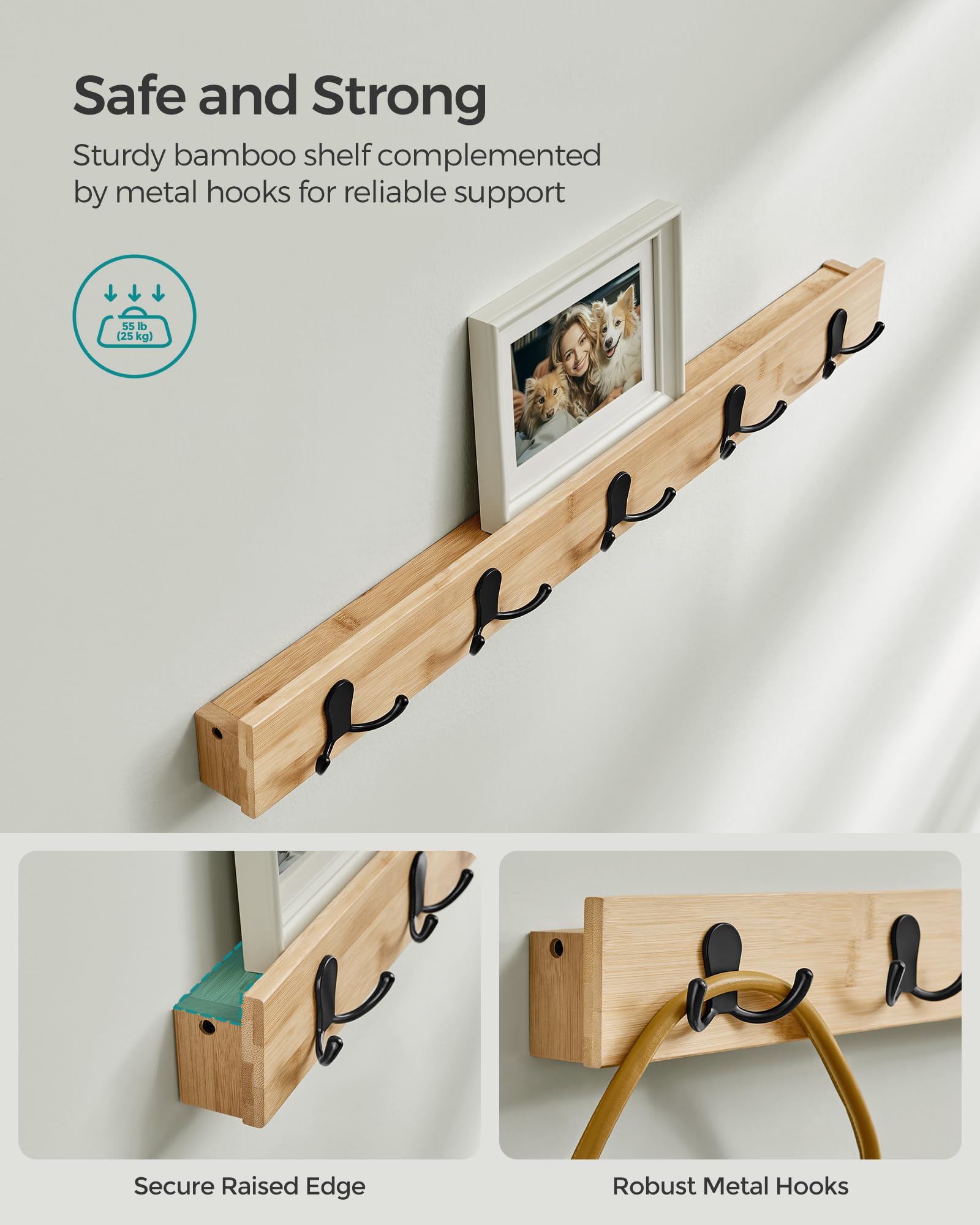 SONGMICS Hall Tree with Bench, Coat Rack Shoe Bench Set, Entryway Furniture, Multifunctional, 5 Double Metal Hooks, 3-Tier Bamboo Shoe Rack, for Entryway, Hallway, Bedroom, Natural Beige ULCR004N01