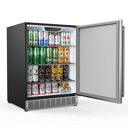 COTLIN 24 Inch Built-in Outdoor Refrigerator, 5.4 Cu.Ft Undercounter Beverage Fridge, 175 Cans Freestanding Stainless Steel Refrigerator for Residential Home Bar Commercial Use, ETL, Silver