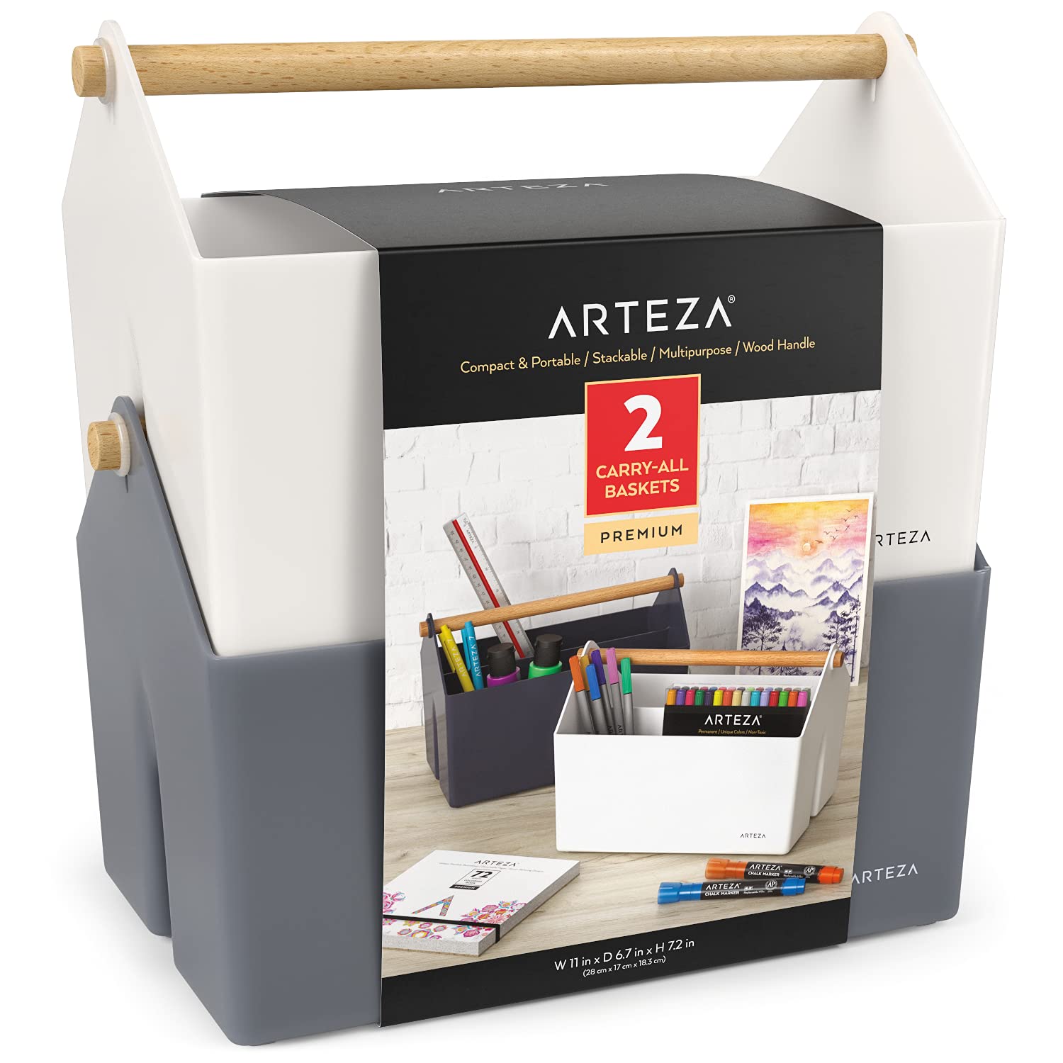 ARTEZA Plastic Portable Craft Storage Organizer, Pack of 2, Gray and Ivory, 3-Sectioned Plastic Basket with Handle, Caddy Organizer