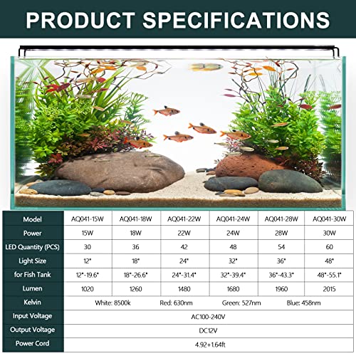 AQQA Aquarium Light with 14 Fish Tank Light Modes Adjustable Brightness Timer 15W LED Aquarium Light for Plants, Aluminum Alloy Shell Extendable Brackets Fit for 12-20 Inch Fish Tank