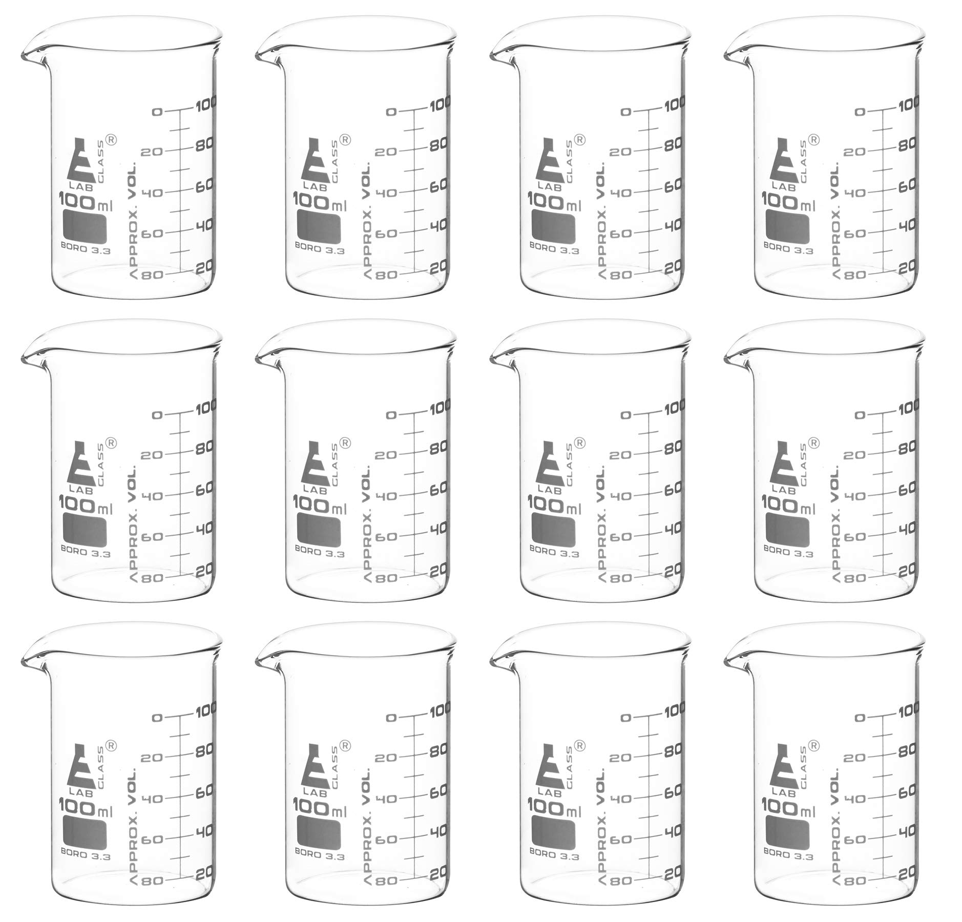 EISCO (Pack of 12) Beakers, 100ml - ASTM - Low Form with Spout - Dual Scale, White Graduations - Borosilicate 3.3 Glass