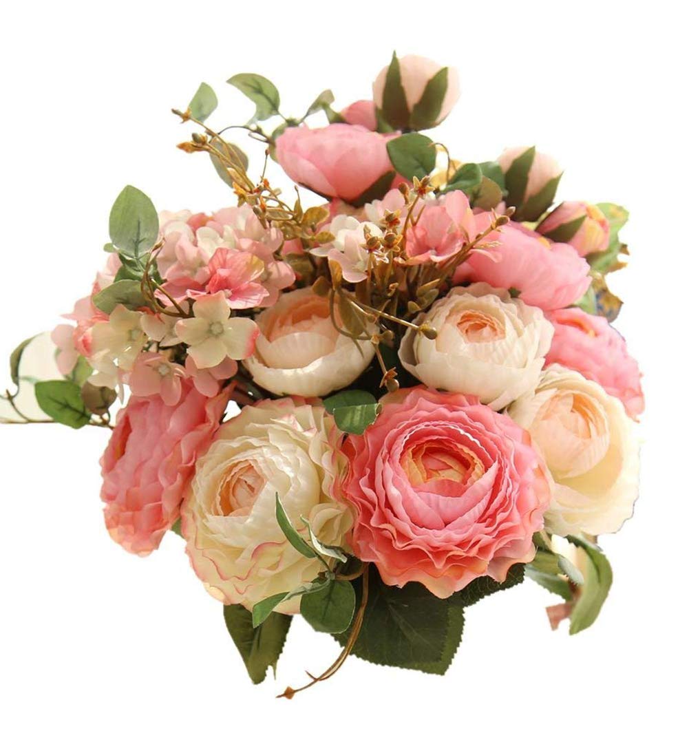 Artfen Artificial Flowers Fake Silk Hydrangea Flower Simulation Hand Tied Bouquet Lu Lotus Bouquet for Home Hotel Office Wedding Party Garden Craft Art Decor Approx 8.5" in Diameter Pink 2